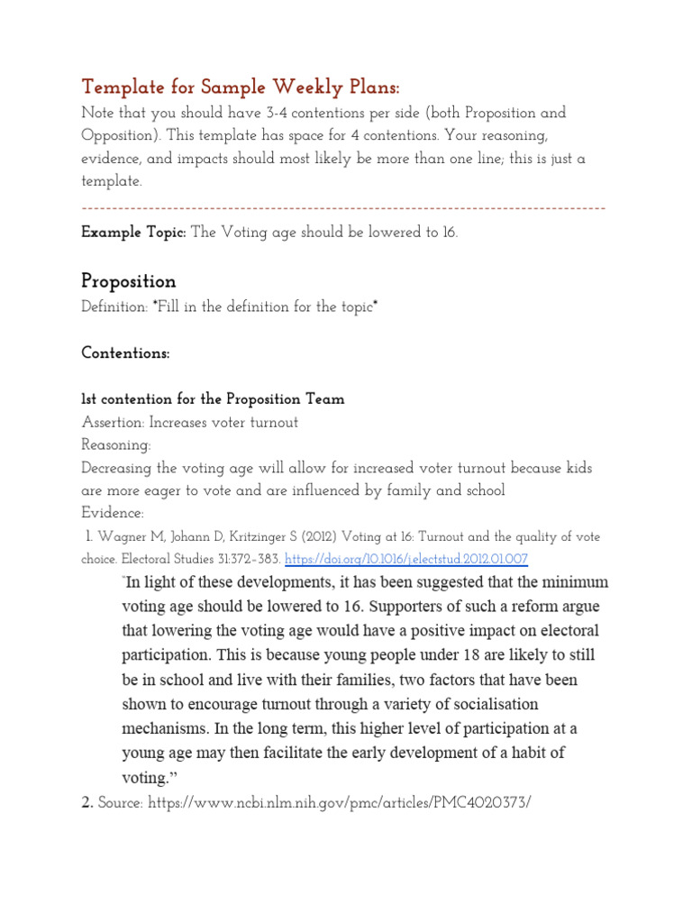 Weekly Debate Plan Template for Voting Age | PDF | Voter Turnout | Voting