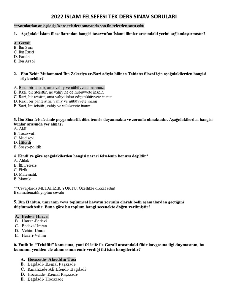 2022 İslam Felsefesi̇ Tek Ders Sinav Sorulari | PDF