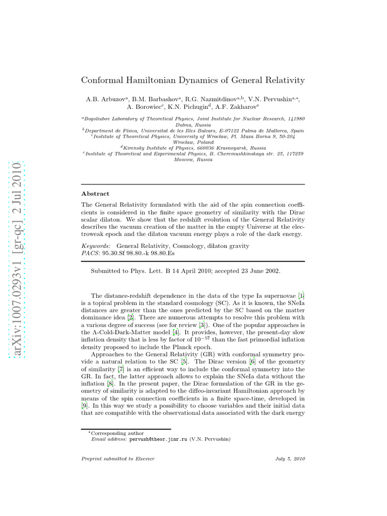 Conformal Hamiltonian Dynamics Of General Relativity Pdf Higgs Boson Cosmic Microwave