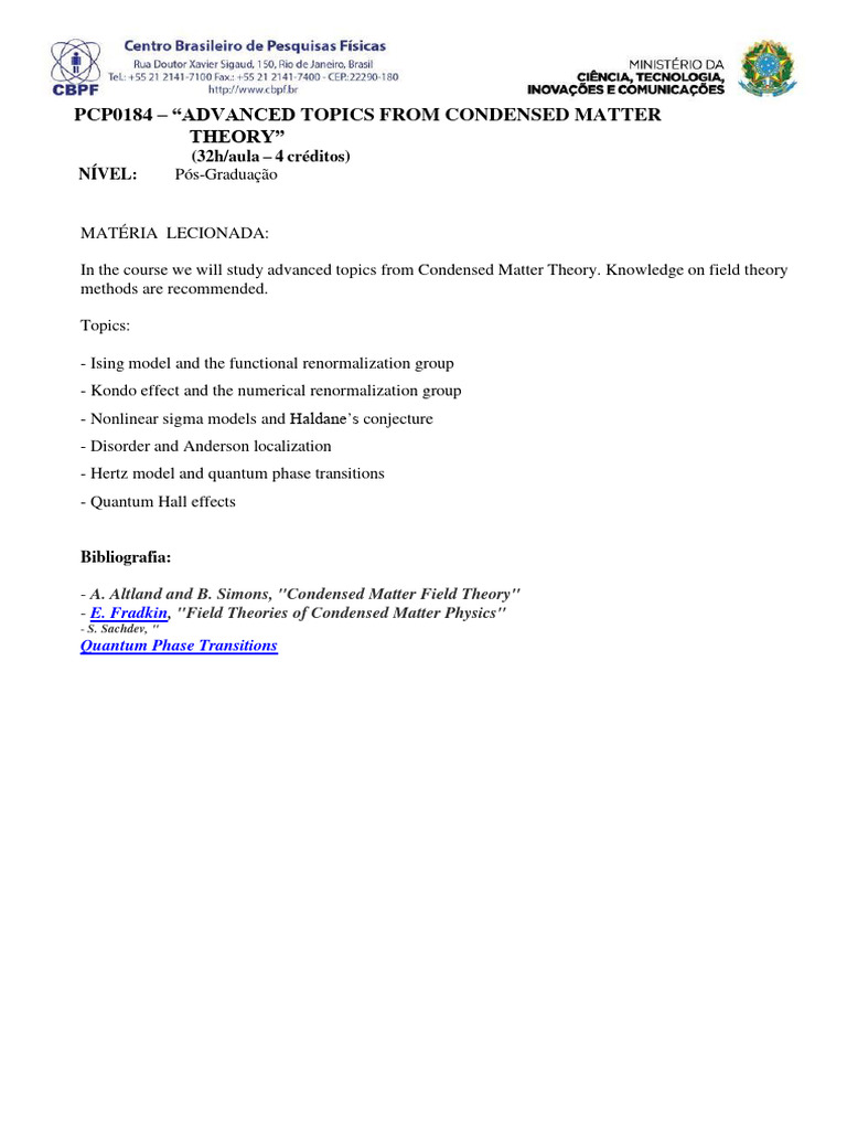 Ementa Advanced Topics From Condensed Matter Theory | PDF