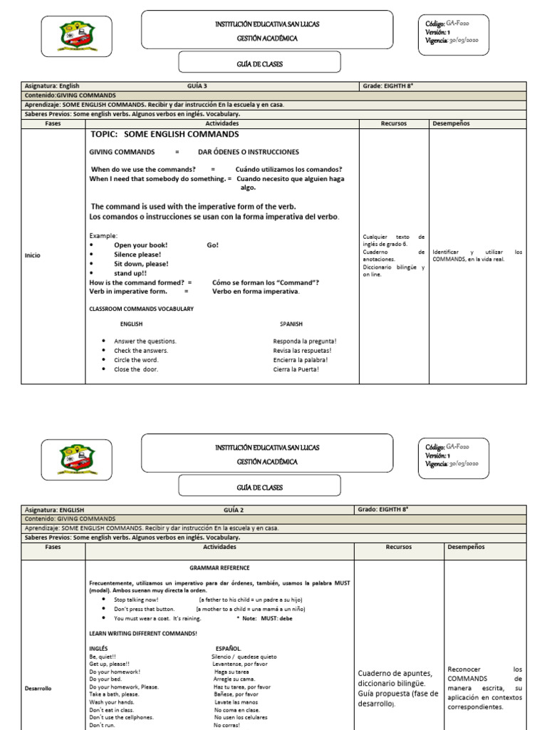 Guia de Clases #3. Giving Commands | PDF