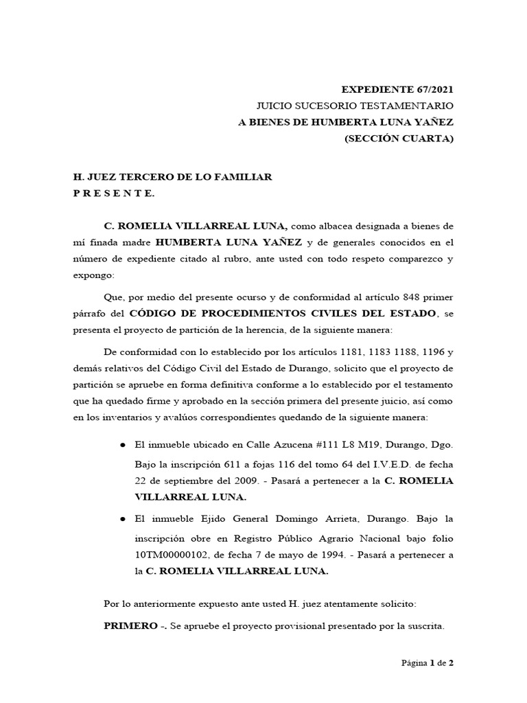 Seccion Cuarta Sucesorio Proyecto de Partición | PDF | Derecho