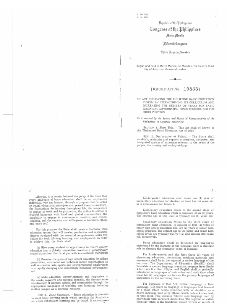 RA 10533 Enhanced Basic Educ | PDF