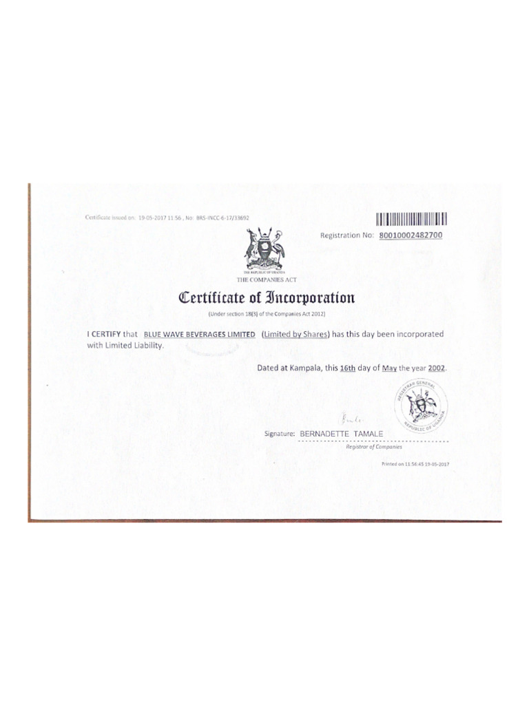 Bluewave Cert of Incorp and KCCA | PDF
