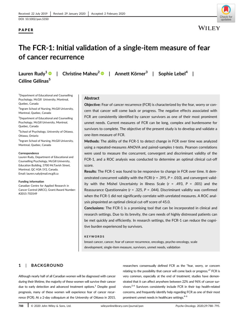 Rudy 2020 The FCR Initial Validation of A Sin | PDF | Cancer | Validity ...