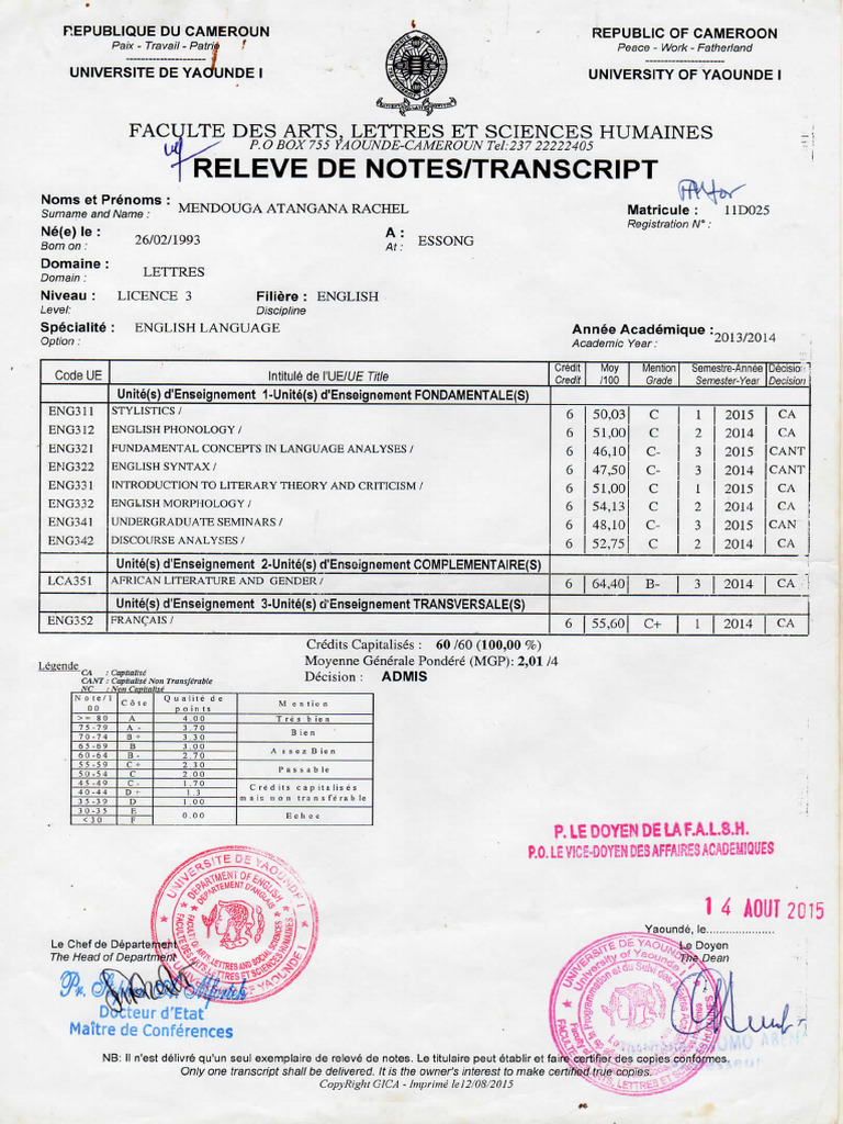 Releve de Note Licence Niveau 3 | PDF