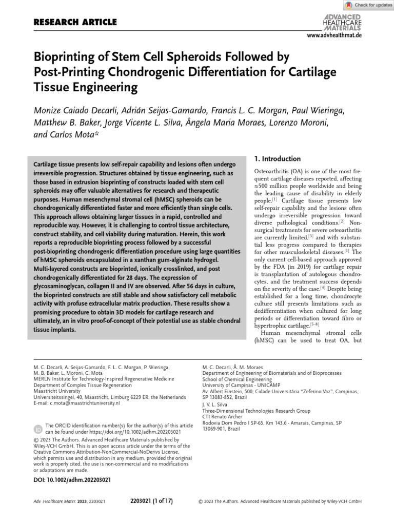 Adv Healthcare Materials - 2023 - Decarli - Bioprinting of Stem Cell ... Adv Healthcare Materials - 2023 - Decarli - Bioprinting of Stem Cell ...