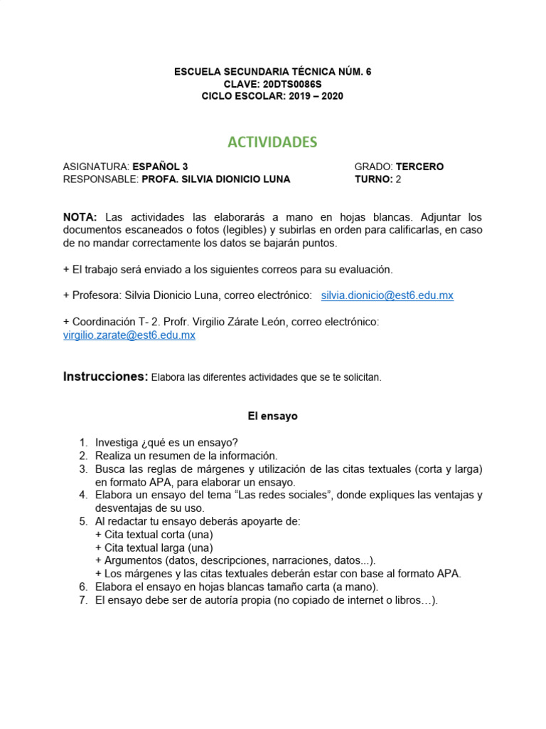 Silvia Dionicio Luna - Act. Español 3º | PDF | Ensayos