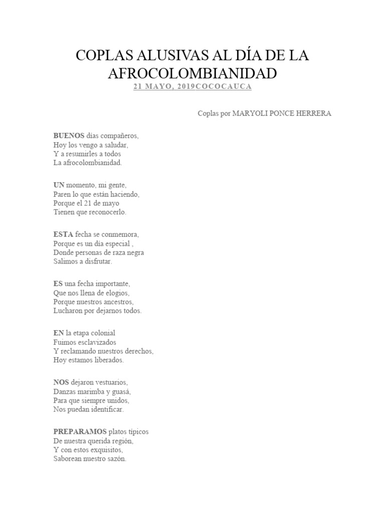 COPLAS ALUSIVAS AL DÍA DE LA AFROCOLOMBIANIDAD | PDF