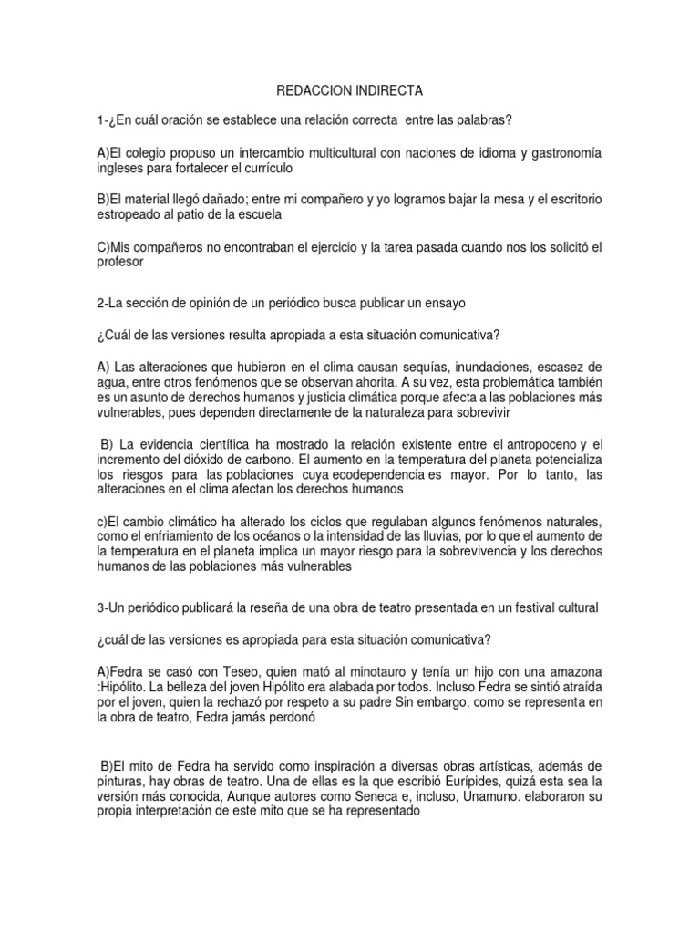Ejercicios de Redacción Indirecta | PDF | Cambio climático