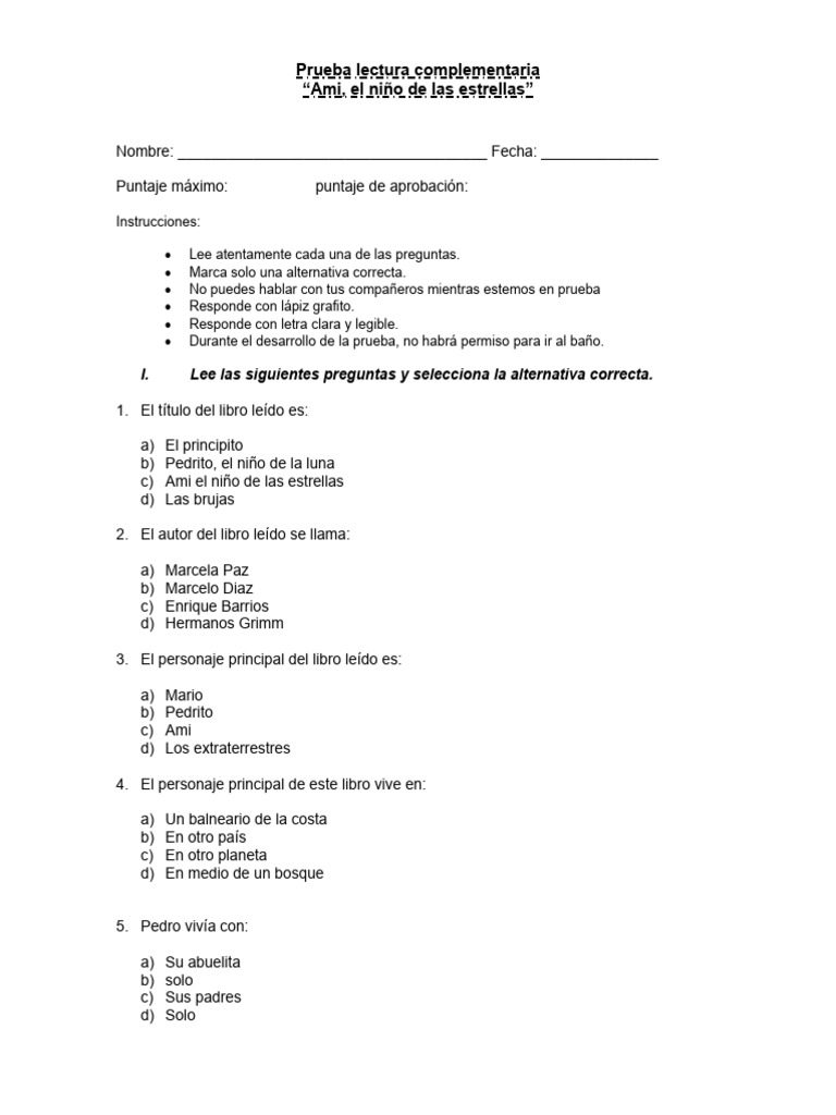 Prueba Lectura Complementaria Ami El Nin | PDF