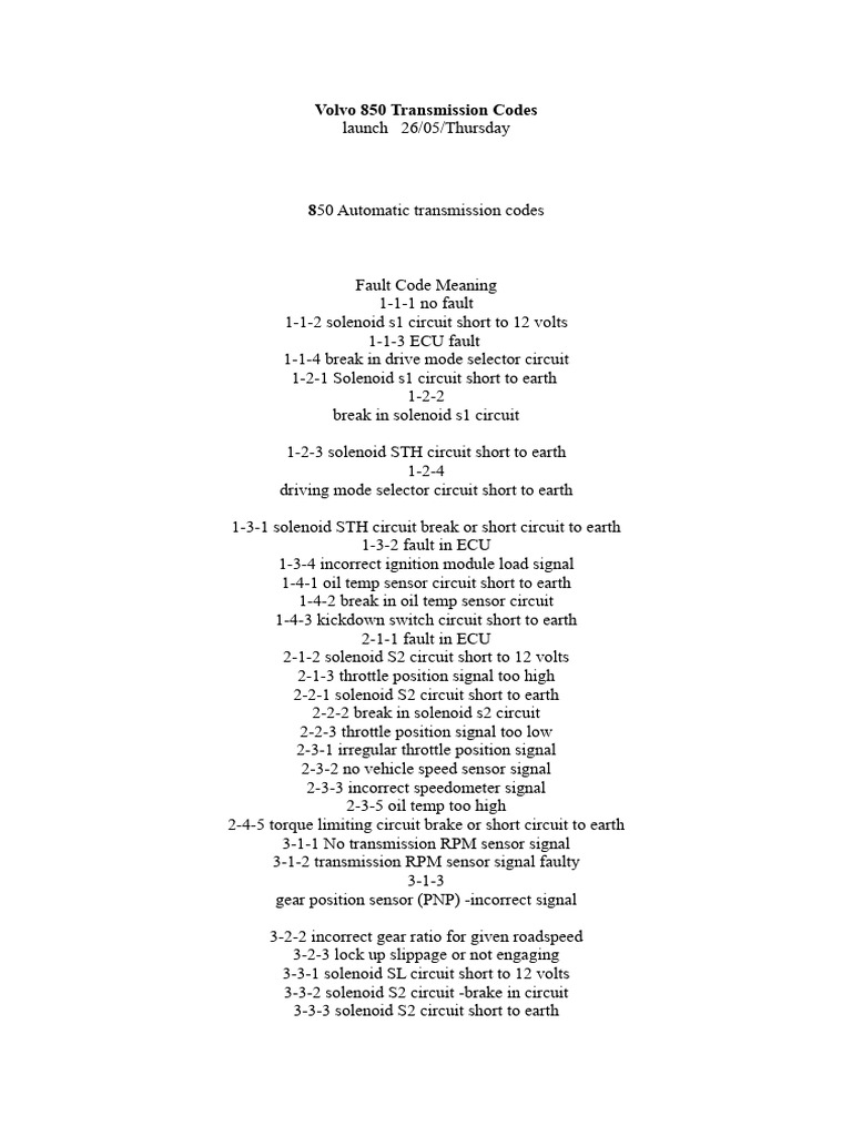 Volvo 850 Transmission Fault Codes | PDF | Science & Mathematics ...
