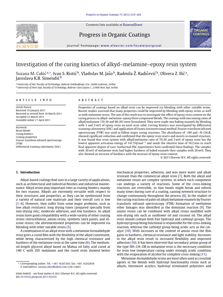 2012 Investigation of The Curing Kinetics of Alkyd Melamine Epoxy Resin ...