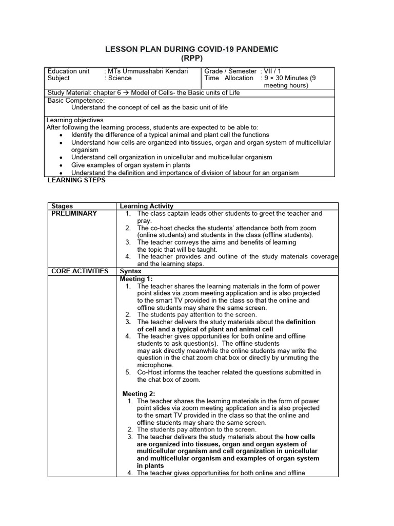 Chapter 6 (Lesson Plan During Pandemic) | PDF | Organisms | Learning