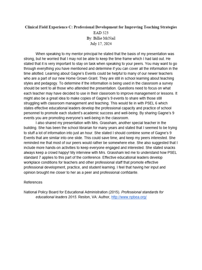 Clinical Field Experience C - Professional Development For Improving Teaching Strategies | PDF ...