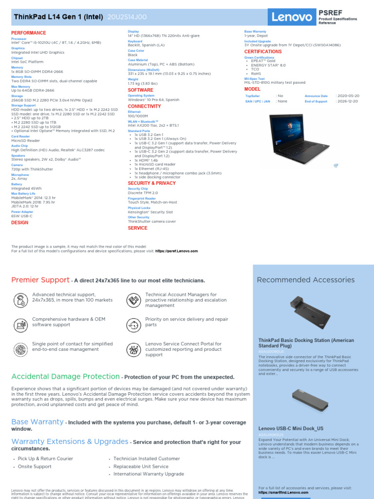 Thinkpad L14 Gen 1 | PDF | Office Equipment | Personal Computers
