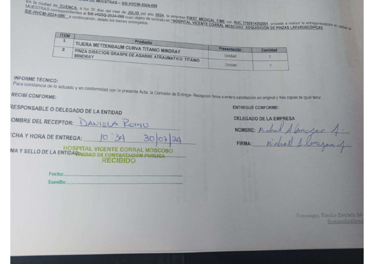 Acta Entrega Muestras - Sie-Hvcm-2024-086 | PDF