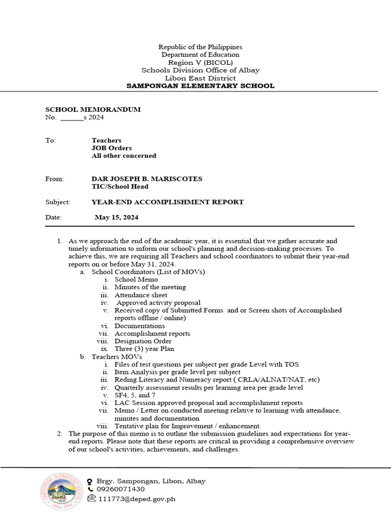 Year End Reports of School Coordinators | PDF | Memorandum | Learning