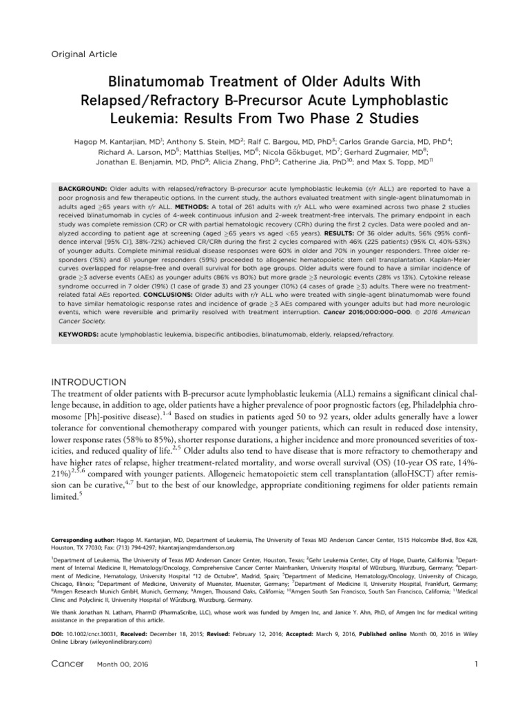 Blinatumomab in Older Adults with r/r ALL | PDF | Leukemia | Chemotherapy