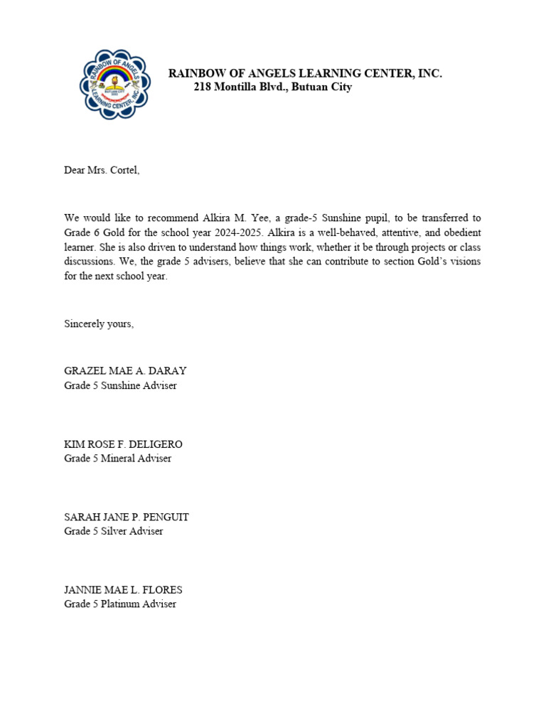 Recommendation for Alkira M. Yee Transfer | PDF