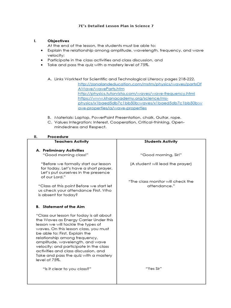 7e's Lesson-Plan Grade 7 - Waves OJT 3 - Characteristics of Wave | PDF ...
