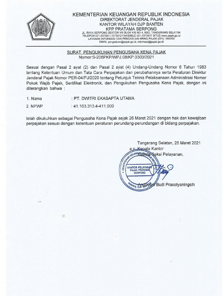 Surat Pengukuhan Pengusaha Kena Pajak 9 (SPPKP) | PDF