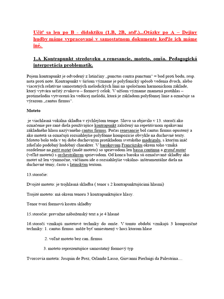 Vypracované Štátnicové Otázky K Predmetu Dejiny Hudby S Didaktikou (Učiť Sa Len Bečko ...
