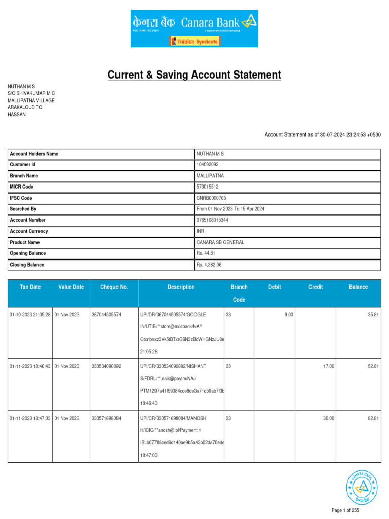 Account Statement for Nuthan M S | PDF | Debits And Credits | Cheque