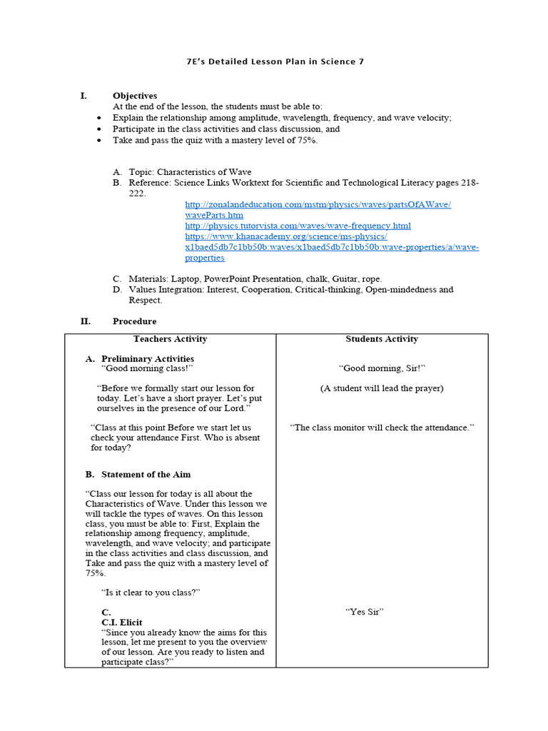 7e's Lesson-Plan Grade 7 - OJT 3 - Characteristics of Wave | PDF ...