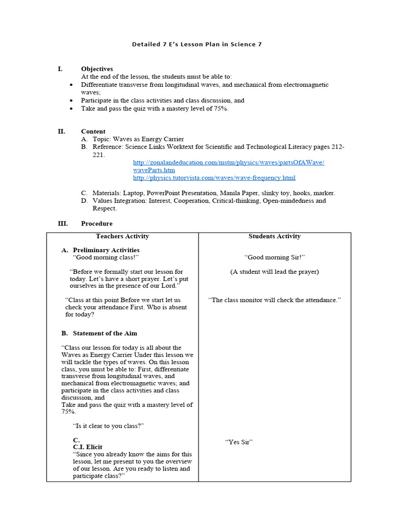 7e's Lesson-Plan Grade 7 - OJT 2 Wave As Energy Carrier | PDF | Waves ...