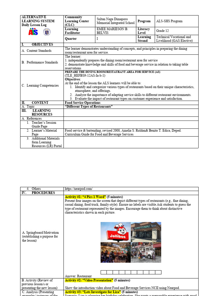 LESSON PLAN format | PDF | Restaurants | Menu