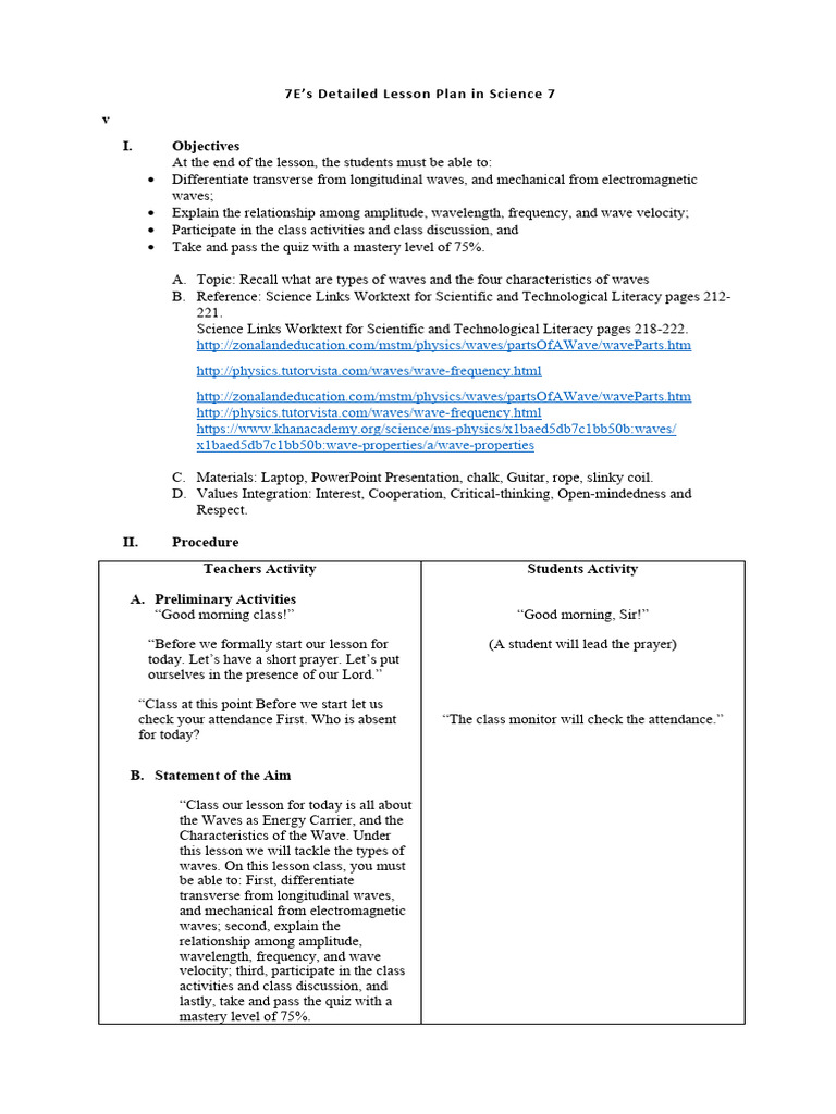 7e's Lesson-Plan Grade 7 - OJT 4 - Characteristics of Wave | PDF ...