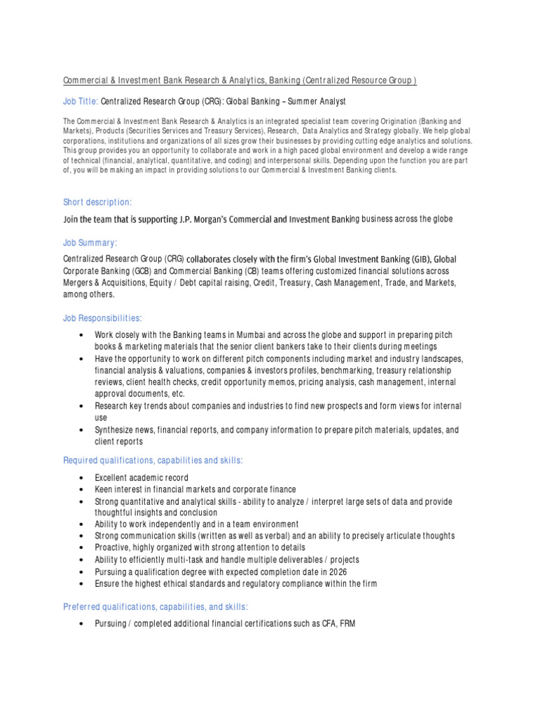 CIB Summer Analyst Internship 2025 | PDF | Investment Banking | Banks
