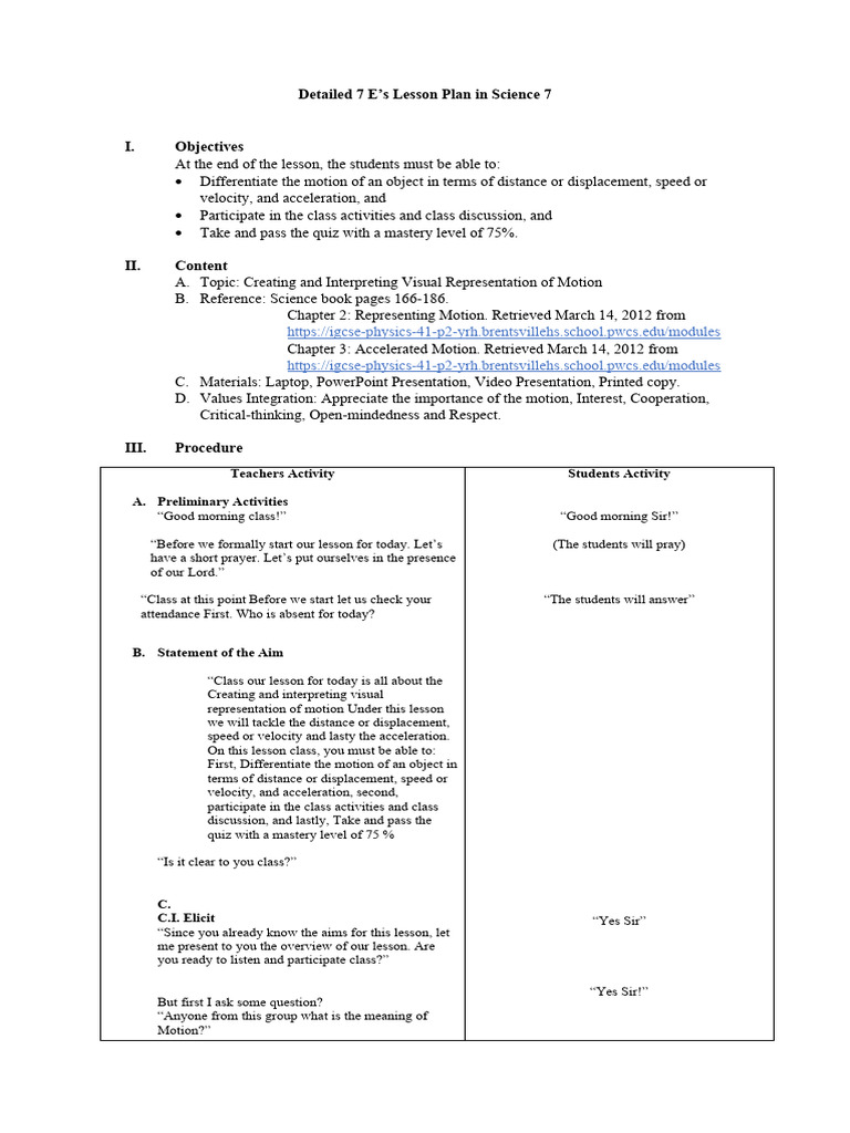 7e's Lesson-Plan Grade 7 - OJT 1describing Motion | PDF | Speed | Velocity