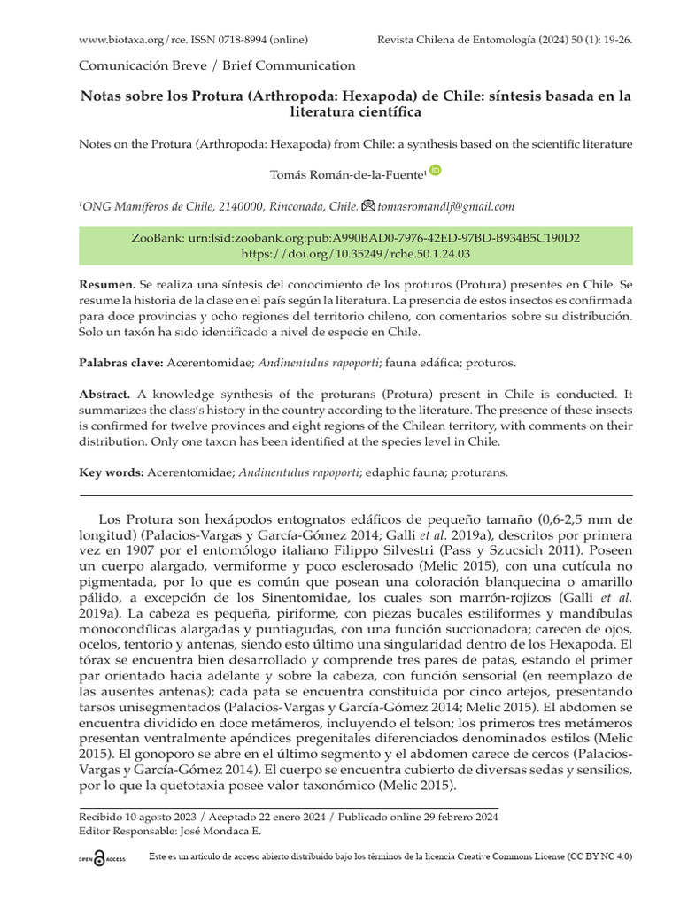 Notas Sobre Los Protura (Arthropoda: Hexapoda) de Chile: Síntesis ...