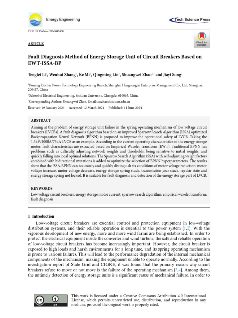 Fault Diagnosis Method of Energy Storage Unit of Circuit Breakers Based On EWT-ISSA-BP | PDF ...