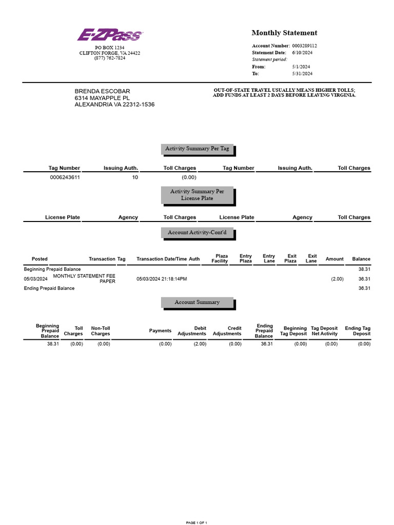 Monthly Toll Statement for Brenda Escobar | PDF | Toll Road | Stored ...