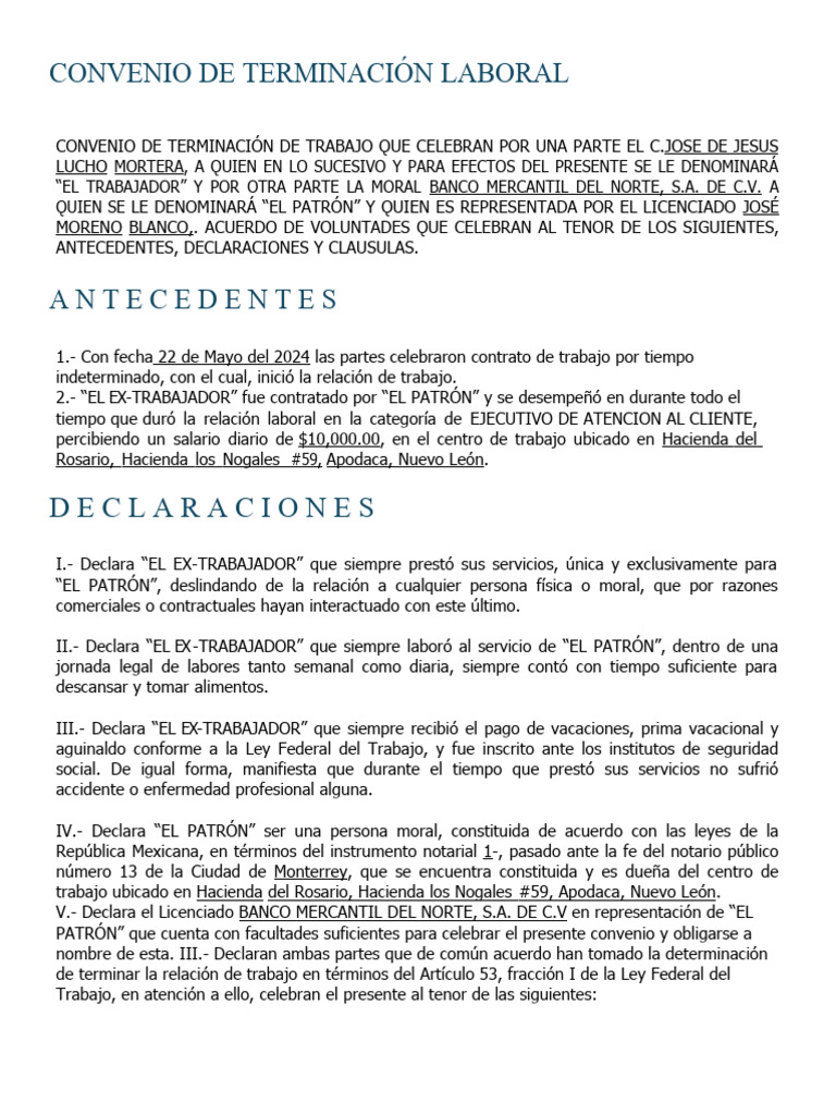 Convenio de Terminación Laboral | PDF