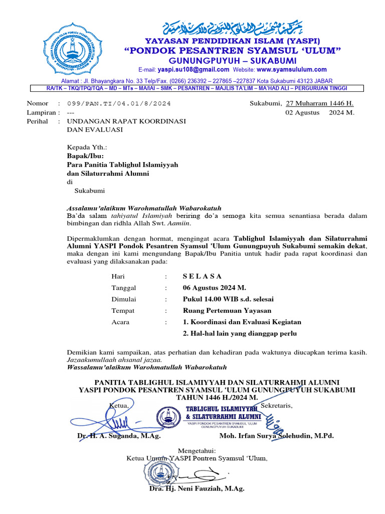 Undangan Rapat Koordinasi Dan Evaluasi (SELASA 6 Agustus 2024) | PDF
