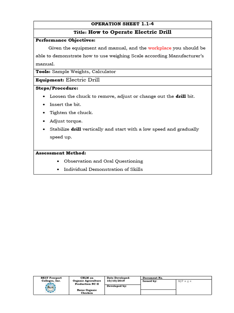 Operation Sheet | PDF | Drill