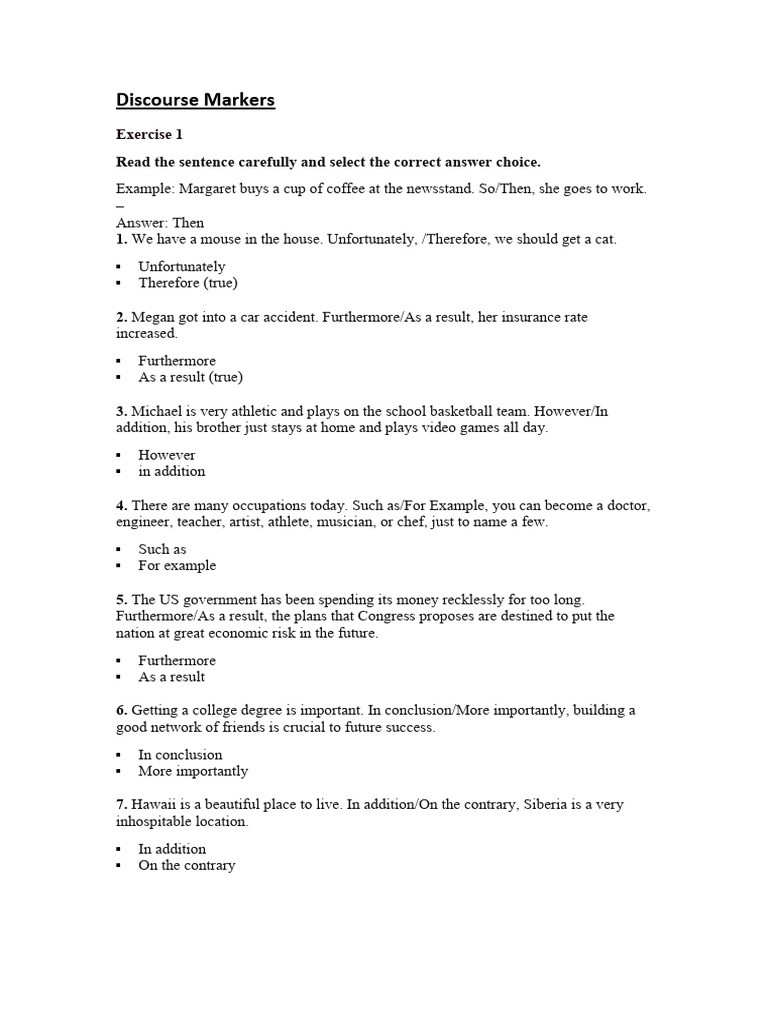 Discourse Markers Exercises | PDF | Economies
