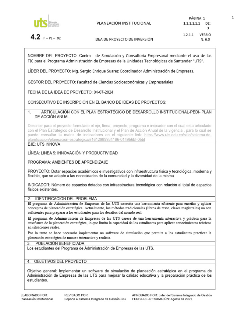 F-PL-02 Idea Proyecto ADMON Software de Simulacion de BSC 2025 | PDF | Planificación | Software