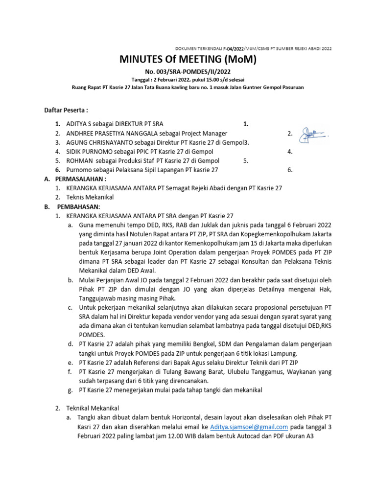 MoM Kerjasama PT SRA dan Kasrie 27 | PDF | Seni | Sains & Matematika