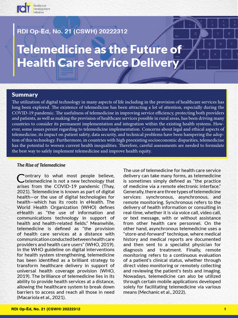 Telemedicine as the Future of Health Care Service Delivery | PDF ...