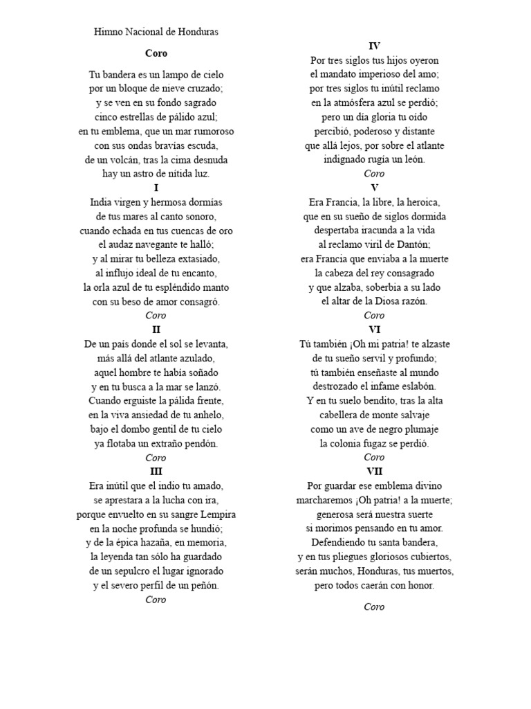 Himno Nacional de Honduras Completo | PDF