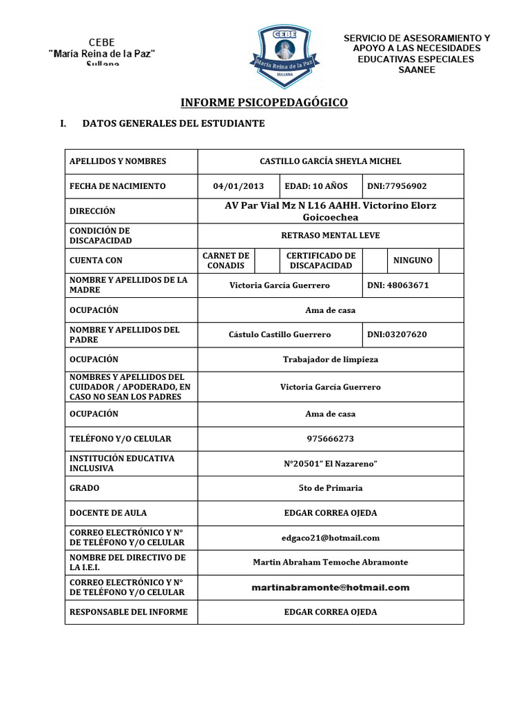 Informe Psicopedagógico SHEYLA | PDF | Cognición | Aprendizaje