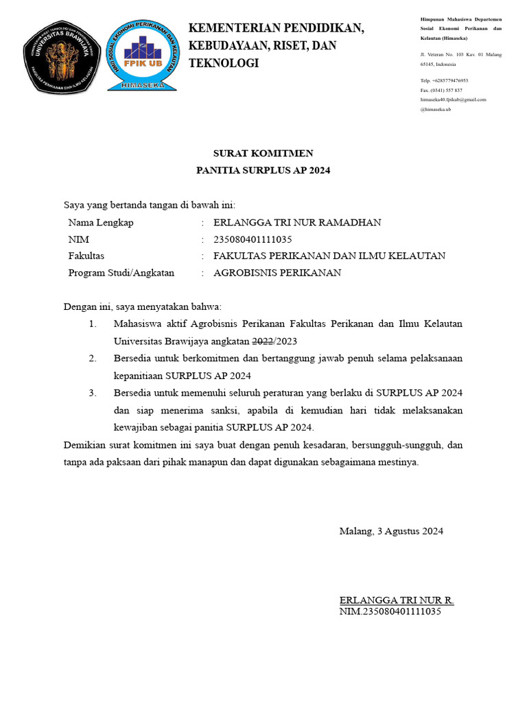 Surat Komitmen Panitia SURPLUS AP 2024 | PDF