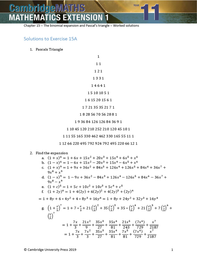 Binomial Expansion & Pascal's Triangle Solutions | PDF | Quadratic Equation | Combinatorics