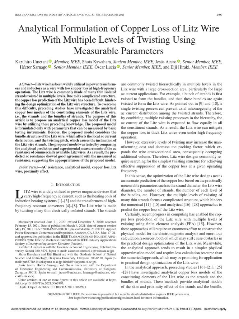 Analytical Formulation of Copper Loss of Litz Wire With Multiple Levels ...