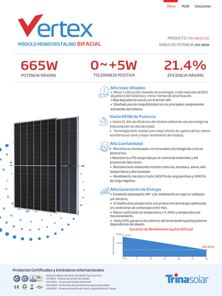 Ficha Tecnica Panel Solar 665W Monocristalino Trina Solar | PDF ...
